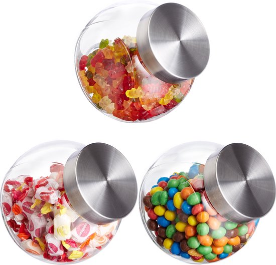 Relaxdays glazen snoeppotten set van 3 - voorraadpotten met deksel 1,5 l - pasta bewaarpot | bol