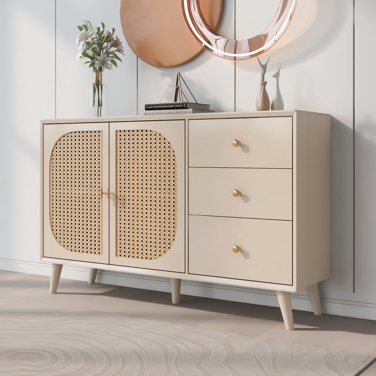 Merax Kast - Dressoir met 2 Rattan Deuren en 3 Lades - Dressoirs Kasten ...