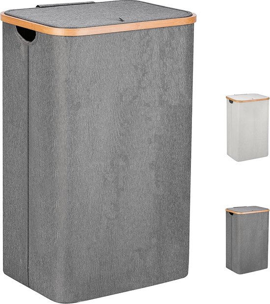 Wasmand grijs met deksel - 100 liter - Afneembare waszak - Opvouwbaar | bol