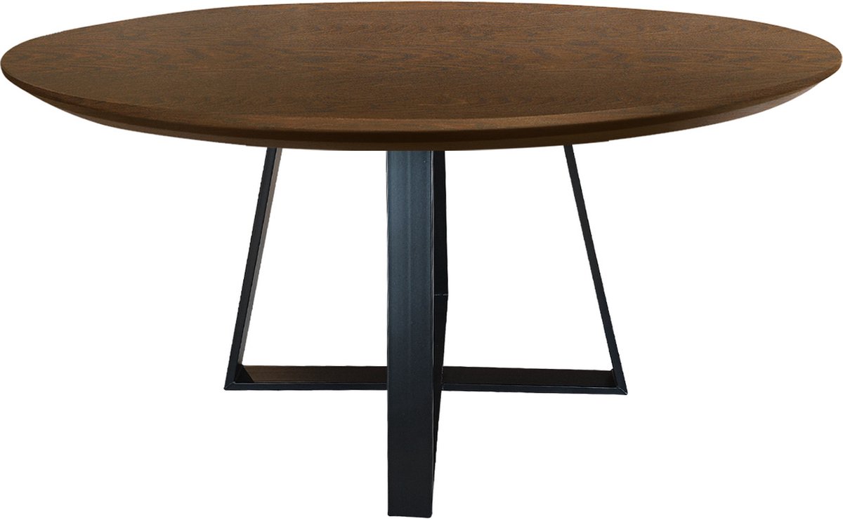 Table à manger ronde en chêne bord facetté marron foncé - pied croisé ...