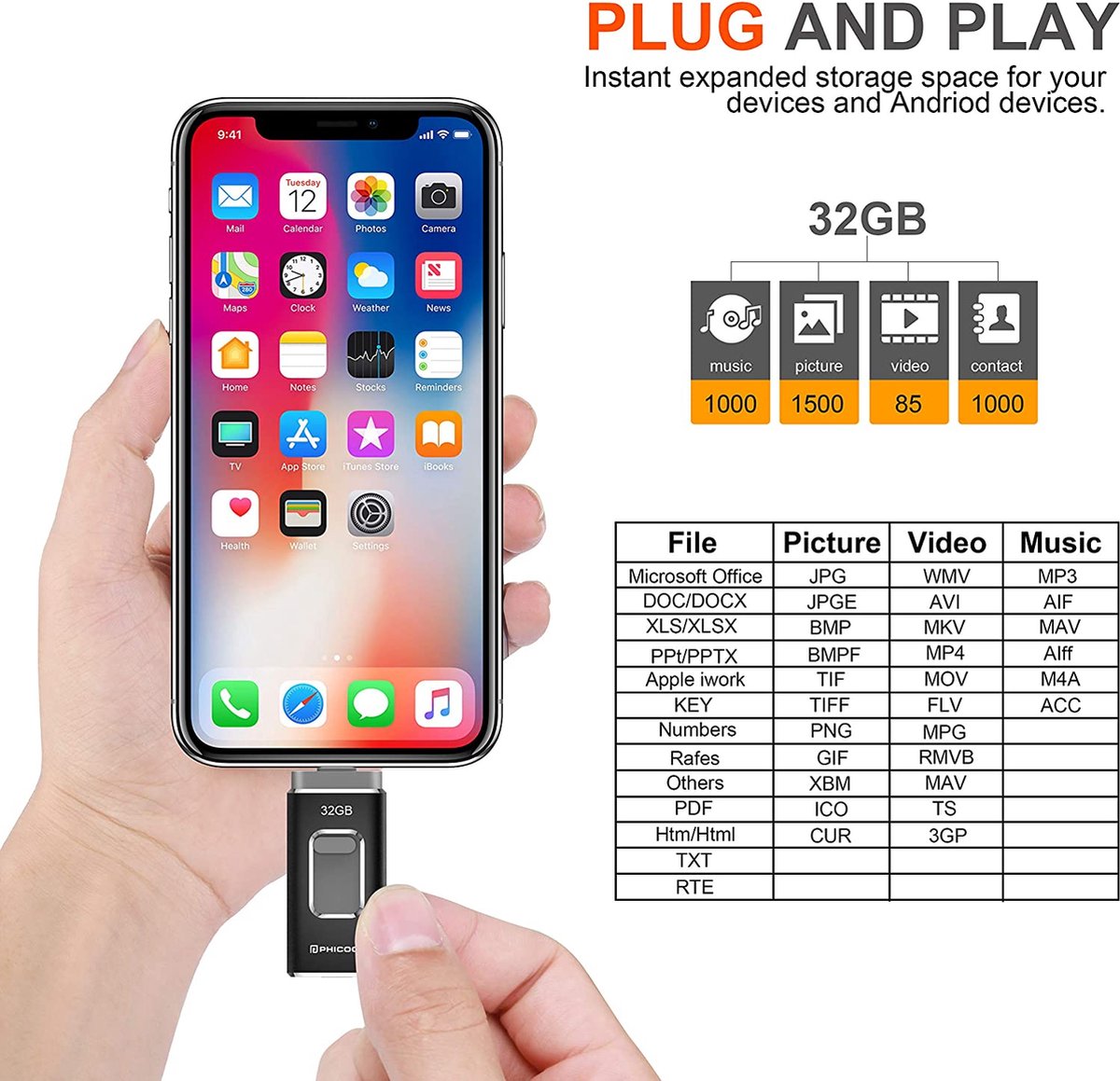 Phicool - 32GB USB stick – flashdrive – incl. USB-C Adapter - voor iPhone , Android en... | bol.com