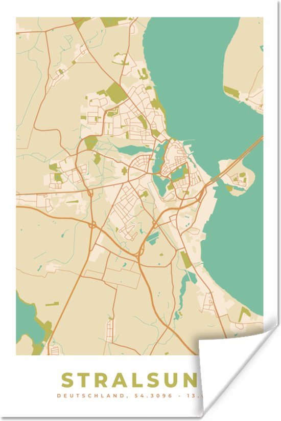 Poster Plattegrond - Stralsund - Vintage - Kaart - Stadskaart - 80x120 ...