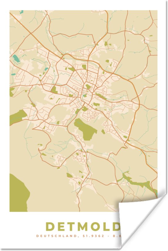 Poster Kaart - Stadskaart - Vintage - Detmold - Plattegrond - 20x30 cm ...