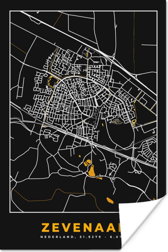 Poster Zevenaar - Black and Gold - Stadskaart - Kaart - Plattegrond ...