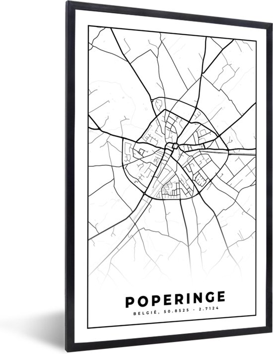 Fotolijst incl. Poster Zwart Wit- België – Poperinge – Stadskaart ...