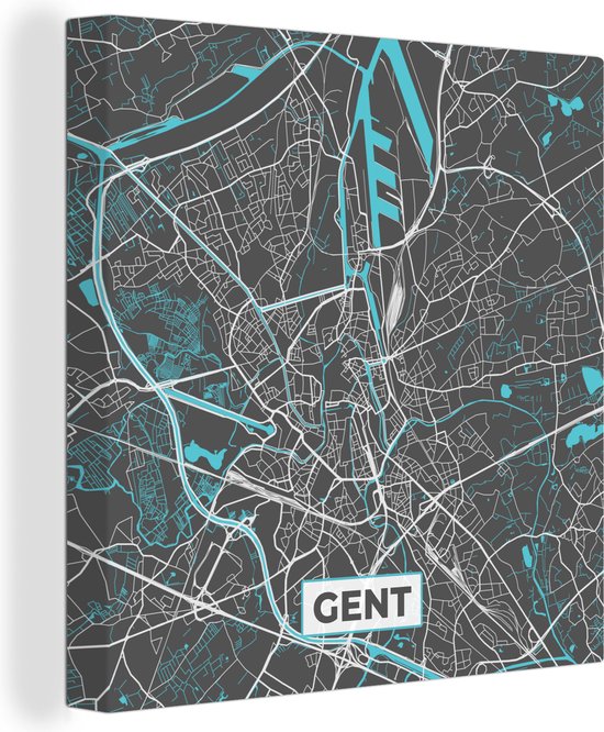 Canvas Schilderij België – Gent – Stadskaart – Kaart – Blauw ...