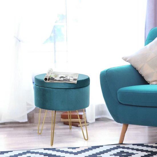 Velvet voetenbank poef ronde poef Bondi blauwe metalen poten met ruime ...