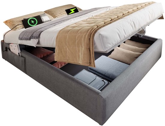 Merax Bed 140 x 200 cm - Met Opbergruimte - USB/Type-C Aansluiting ...