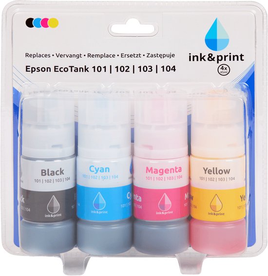 ink&print Epson inktflesjes - 4 kleuren - voor EcoTank printer - 101 ...