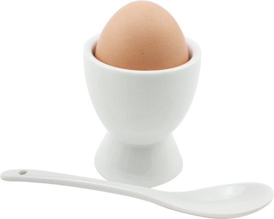 8-delige eierdopjesset van porselein - eierdopje en lepels in wit | bol