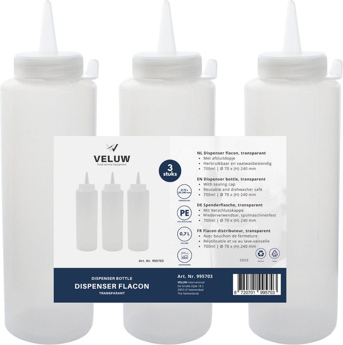 Veluw Doseerfles Knijpfles Transparant - 700ml - Ø7x(H)24cm ( Set van 3 ...