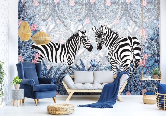 Fotobehang - Vlies Behang - Zebra's en Botanische Planten - 208 x 146 ...