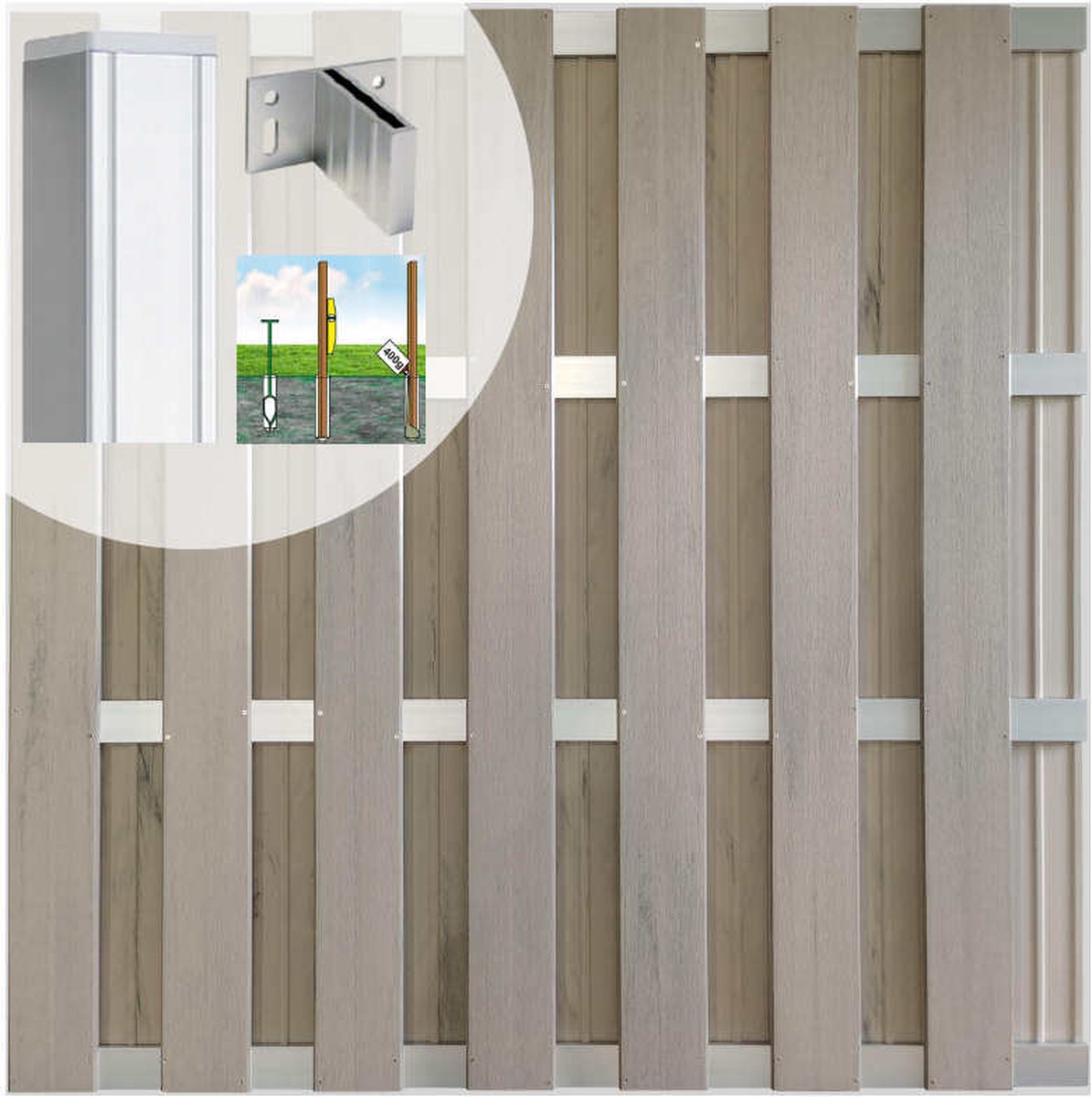 Schutting set composiet Bari steengrijs gevlamd met blank aluminium ...