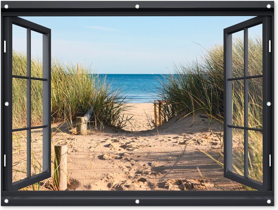 Tuinposter raam - Doorkijk - Strand - Natuur - Zee - Duinen - Planten ...