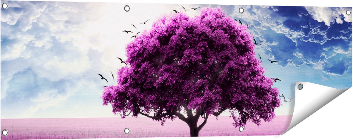 Gards Tuinposter Paarse Boom in het Paars Veld met Vogels - 120x40 cm ...