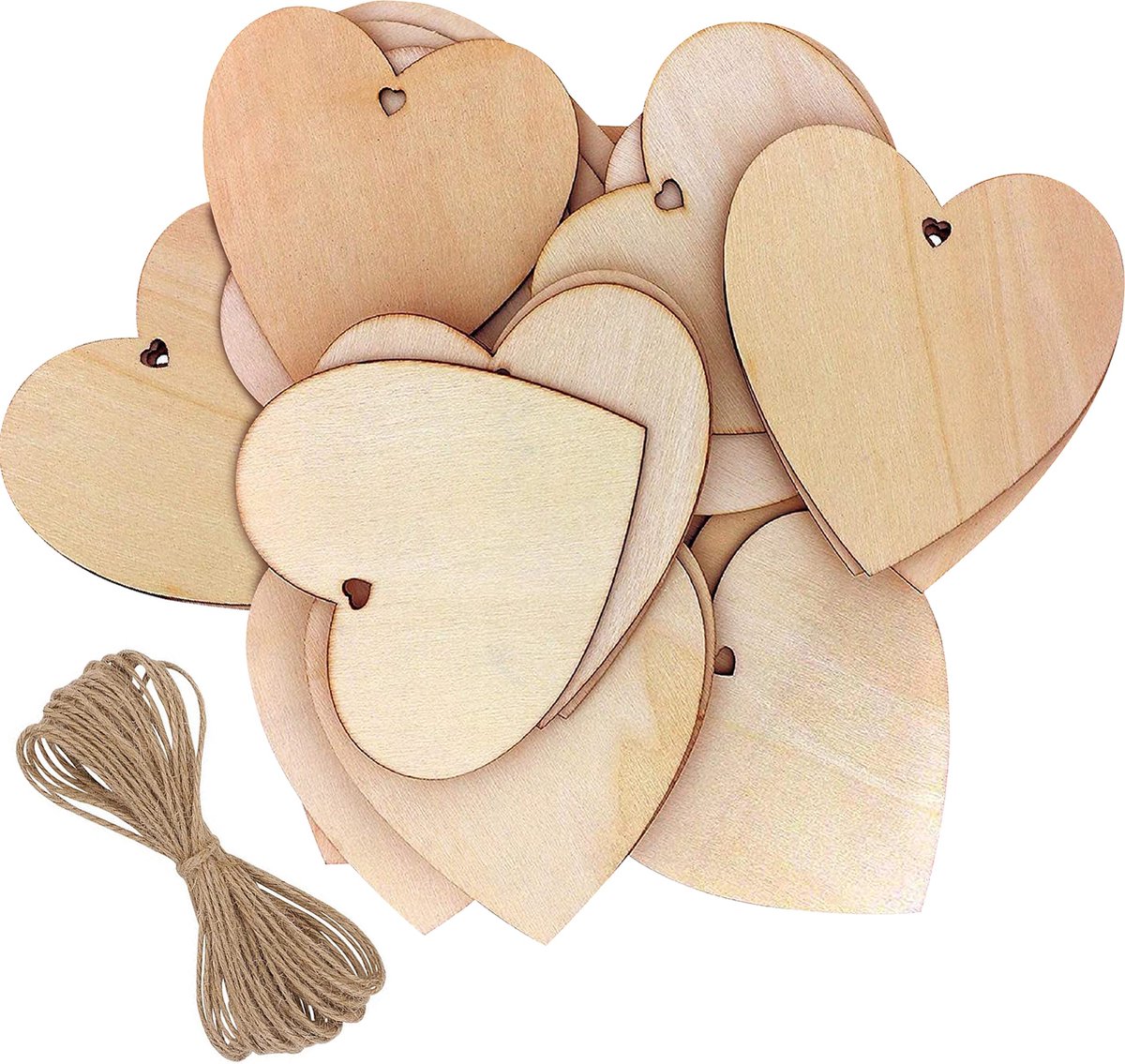Kurtzy Lot de 100 Coeurs en Bois avec 10m de Fil Naturel 10x10cm ...