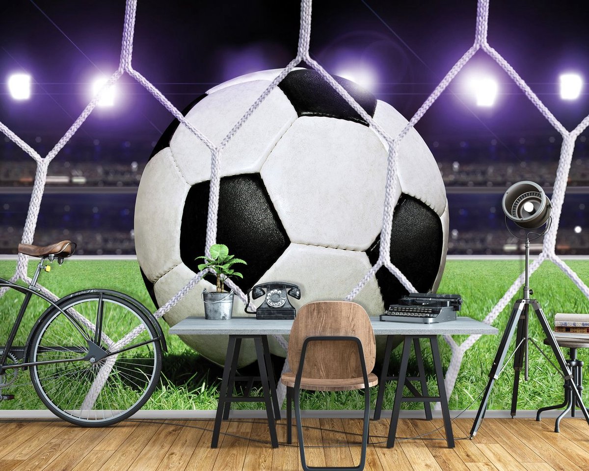 Fotobehang - Vlies Behang - Bal in het Doel - Voetbal - Stadion ...