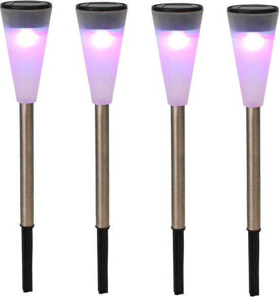 4x RVS Buiten/tuin LED stekers solar verlichting 36 cm gekleurd ...