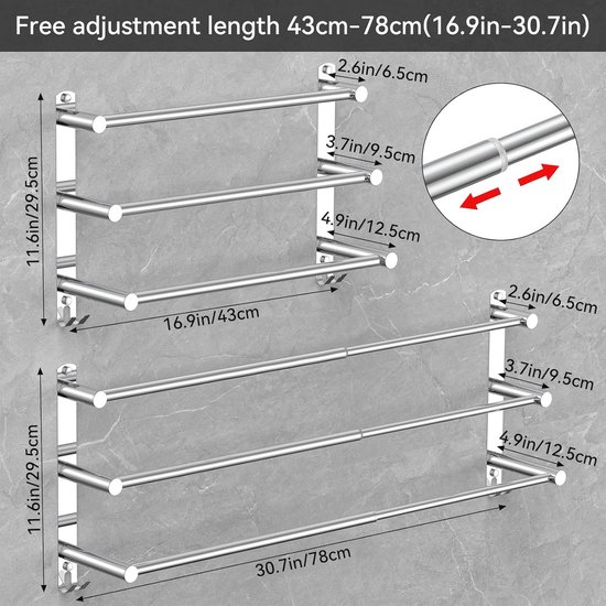 Uittrekbare Handdoekhouder 43-78 cm - Roestvrij Staal, Wandrek voor Badkamer en Keuken... | bol