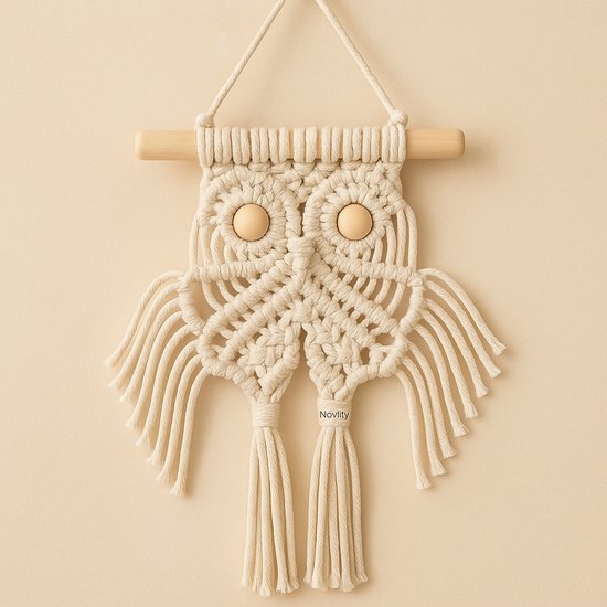 Novity® | Macramé Uil op Houten Stok - Ecru Boho Wanddecoratie ...