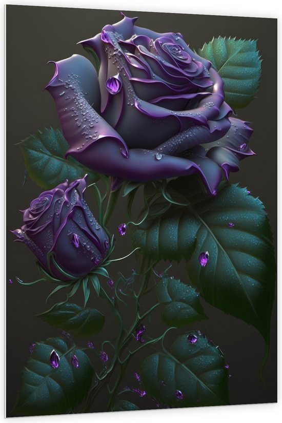 PVC Schuimplaat - Paarse Roos met Groene Bladeren - 100x150 cm Foto op ...