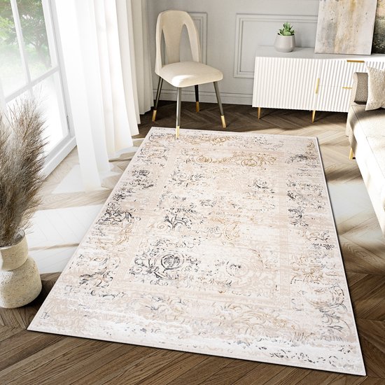 Tapiso Hera Vloerkleed Beige Woonkamer Bloemen Gezaagd Tapijt Maat ...