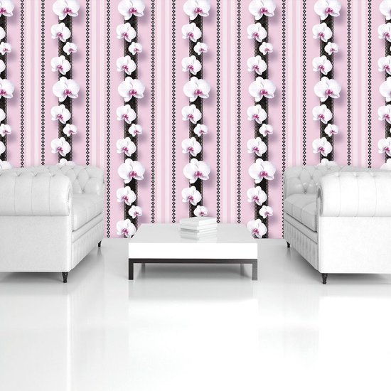 Fotobehang - Vlies Behang - Orchideeën op Luxe Roze Patroon - 416 x 254 ...