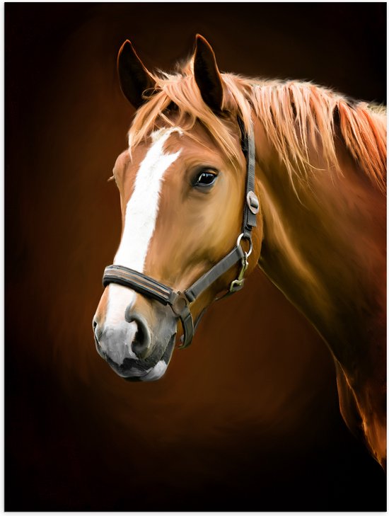 Poster (Mat) - Kop en Hals van Bruin Paard met Witte Bles - 60x80 cm ...