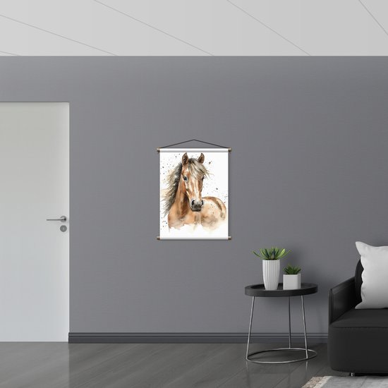 Textielposter - Acryl Tekening van Kop en Hals van Bruin Paard - 60x80 cm Foto op Textiel | bol