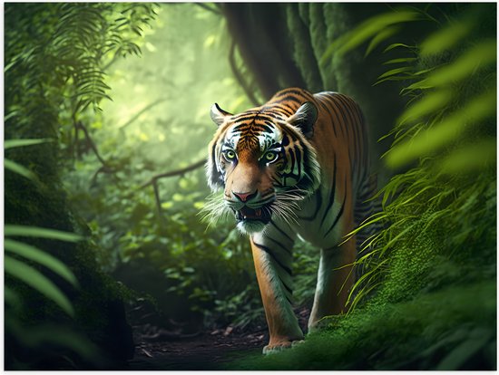 Poster (Mat) - Tijger Sluipend door het Groene Bos - 100x75 cm Foto op Posterpapier... | bol