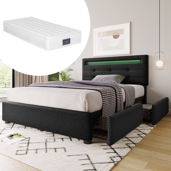Merax Eenpersoonsbed 90x200 met Binnenveringsmatras - Gestoffeerd Bed ...