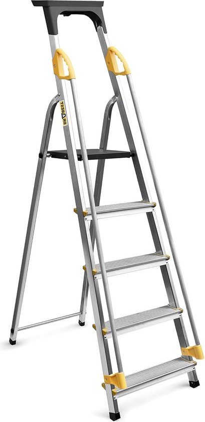 5-Traps Aluminium Huishoudladder met Leuningen 150kg - Multifunctionele ...