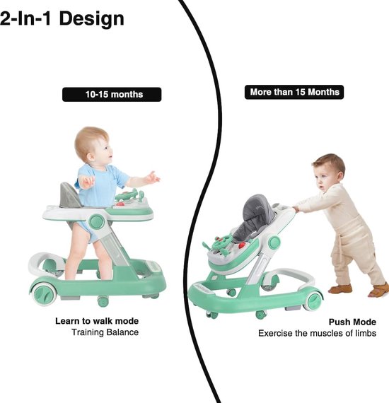 2-in-1 loopwagen met afneembaar dienblad en muziektablet voor peuters ...