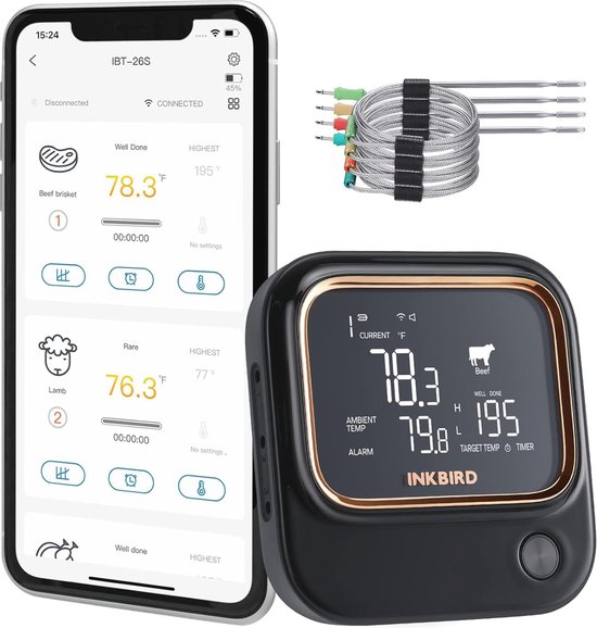 BBQ Thermometer - Draadloos met 5GHz Wi-Fi en Bluetooth - 4 sondes ...