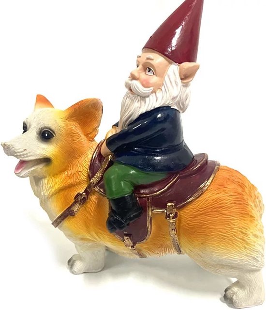 Tuinkabouter Standbeeld - Kabouter Rijdend op een Corgi 12*7*15 cm ...