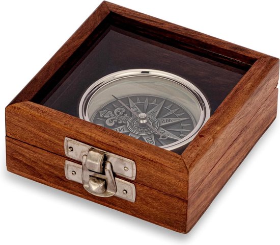 55 cm 3D verchroomd kompas in houten box - richtingaanwijzer peilkompas ...