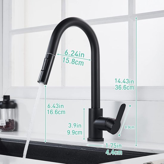 Zwarte Messing Keukenkraan met Douche - Hoge Druk Mengkraan - Éénhendel - 360°... | bol