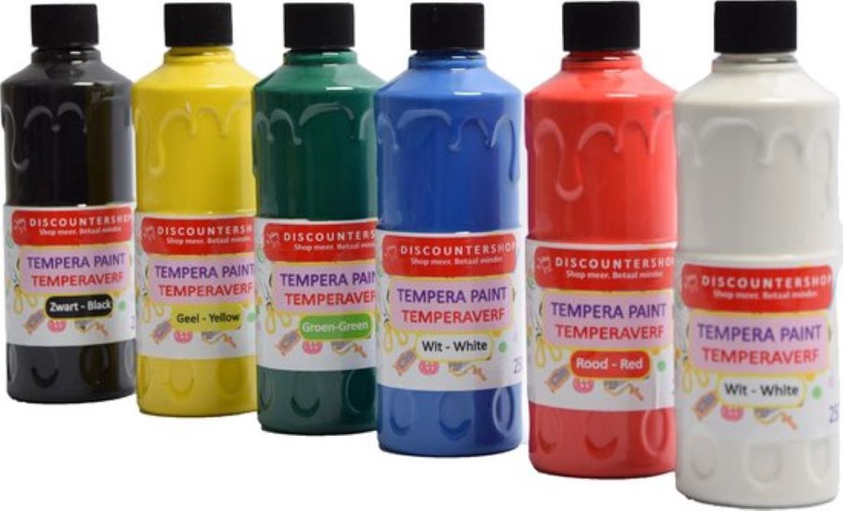 Tempera verf 250 ML - 6 stuks - Blauw - Geel - Groen - Rood - Wit ...