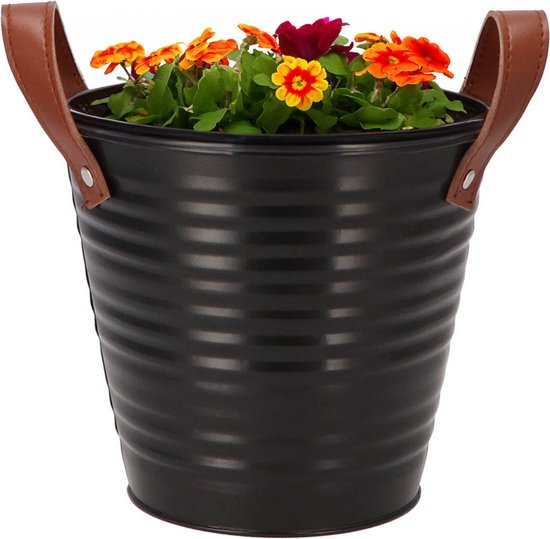 DK Design Plantenpot/bloempot emmer Leather- zink - zwart - D16 x H15 ...