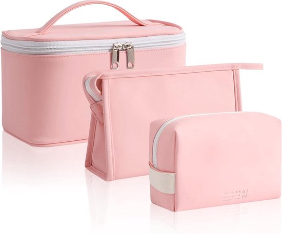 3 stuks draagbare lederen make-uptassen - waterdicht en groot - roze ...