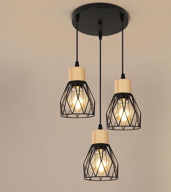 Hanglamp Industriële 3 lampen vintage metaal hout kroonluchter - zwart ...