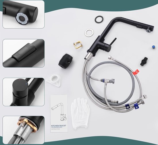 Laagdruk armatuur keuken zwart, waterkraan keuken uittrekbaar 3 aansluitingen, 360°... | bol