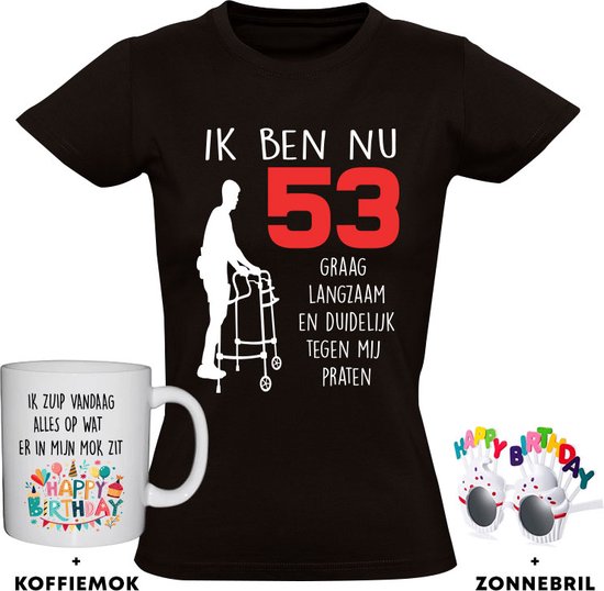 53 jaar Dames T-shirt + Koffiemok + Happy birthday bril - 53e ...