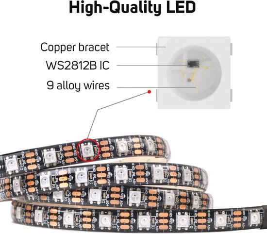 RGB Led-strip 5 meter, Programmeerbare Pixel-strip met 300 Pixels ...