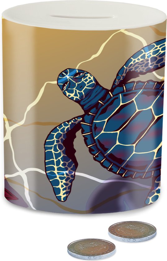 Spaarpot - Spaarblik - tekening van een schildpad tussen de zeesterren ...