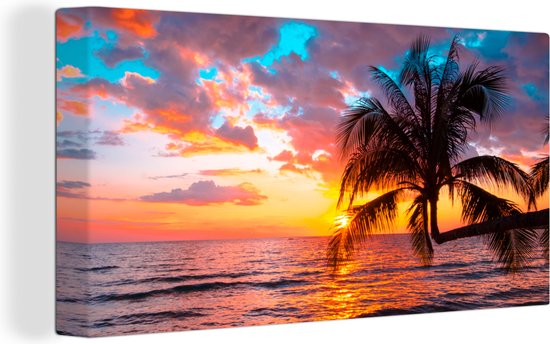 Canvas schilderij - Zee - Palmboom - Zon - Strand - Horizon - Foto op canvas - Canvas... | bol