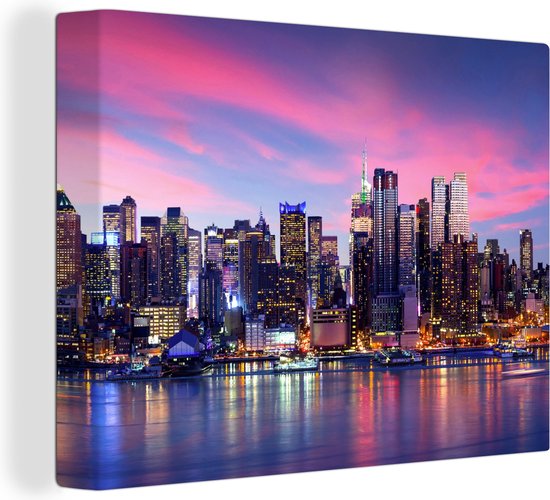 Canvas Schilderij Skyline - Water - Roze - New York - 40x30 cm - Wanddecoratie | bol