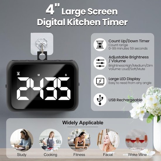USB Oplaadbare Digitale Timer - Groot Display - Verstelbaar Alarm ...