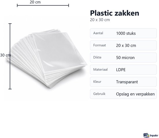 Inpakr Plastic Zakken PE Transparant - 20 x 30 cm - 50 micron - 1000 ...