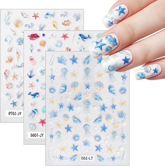 3 Vellen Ocean Nail Stickers met 5D Embossing, Zelfklevende ...